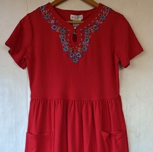 Vintage | Dresses | Vintage Embroidered Flower Red House Dress | Poshmark